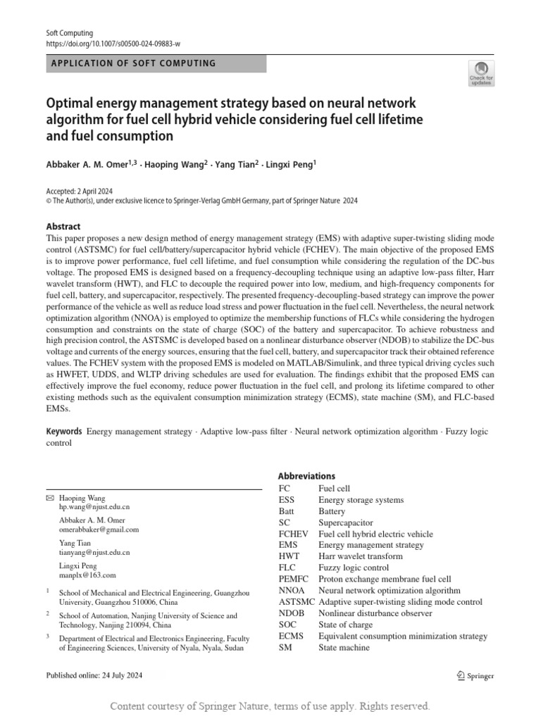 Optimal Energy Management Strategy Based On Neural Network Algorithm For Fuel Cell Hybrid ...