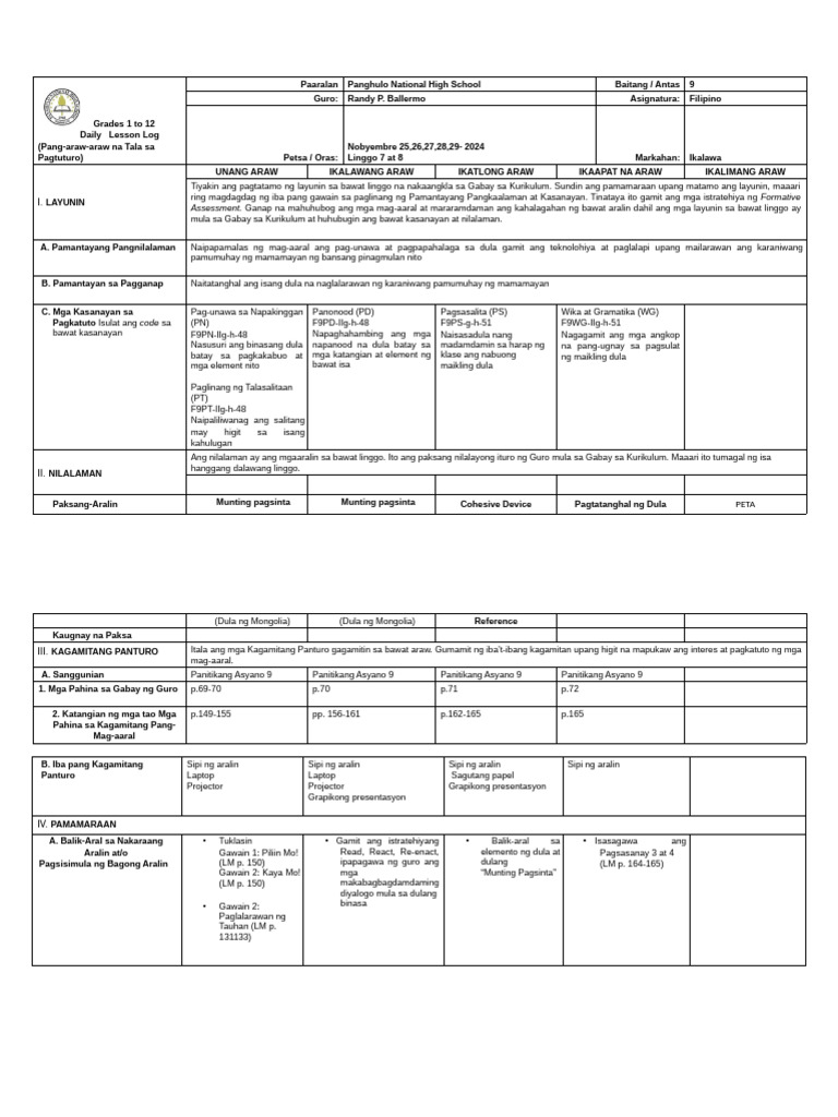 DLL - FILIPINO 9 2ngd Grading (Topic 5) | PDF