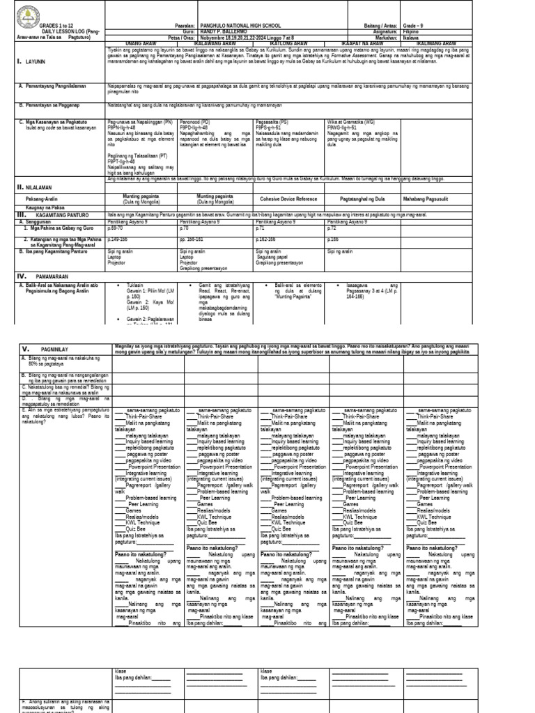 DLL - FILIPINO 9 2ngd Grading (Topic 5) | PDF
