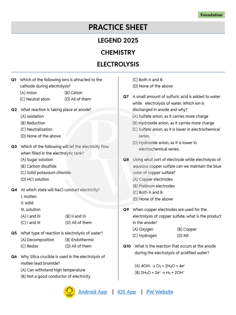Electrolysis - Practice Sheet (Only PDF) - Legend 2025 | PDF | Ion ...