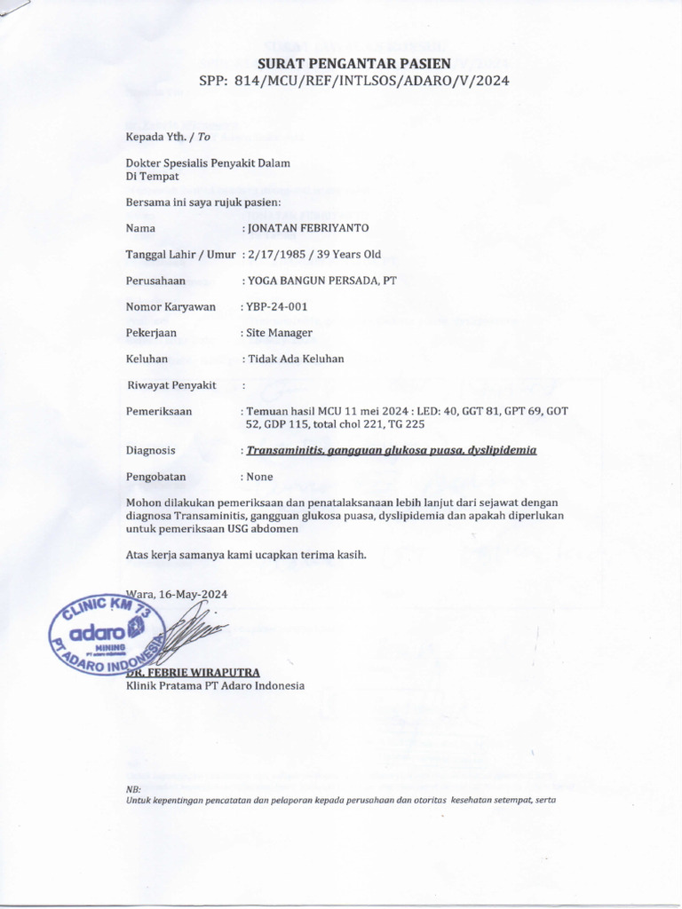 Follow Up Spesialis Penyakit Dalam Jonatan F (1) | PDF