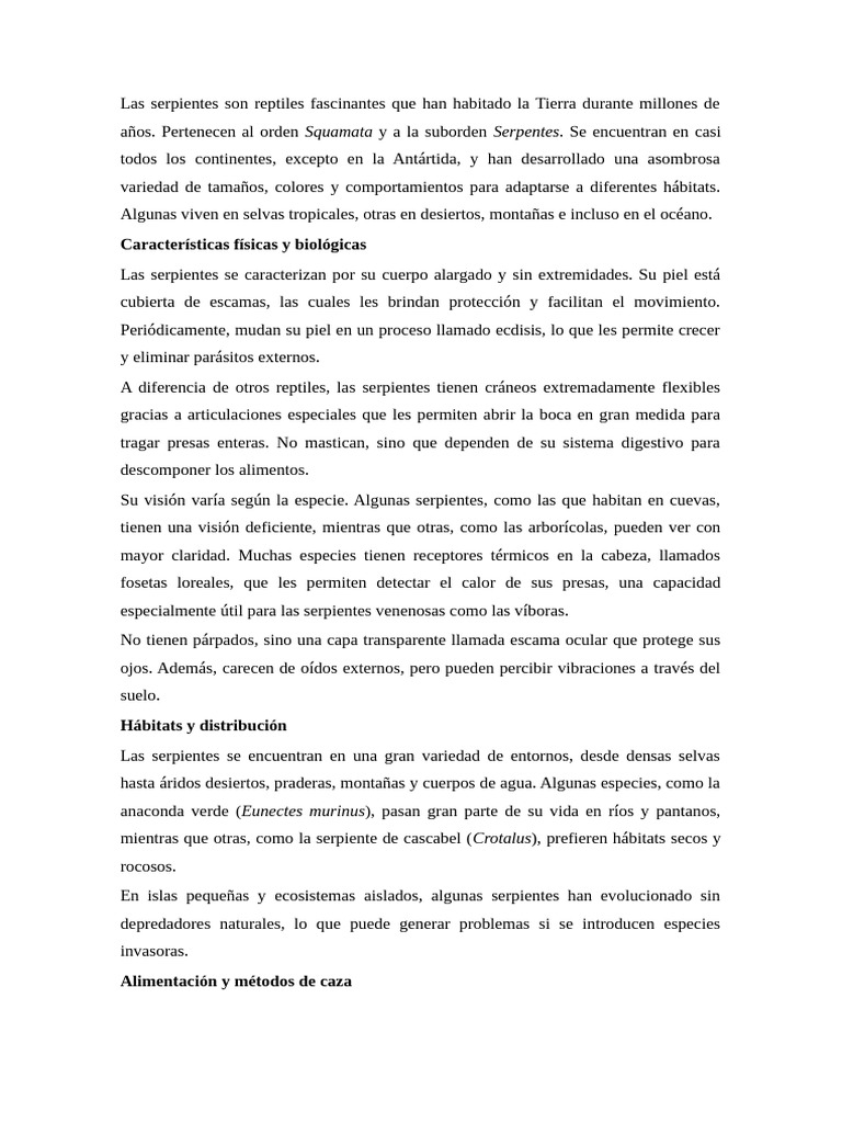 Características Físicas y Biológicas Serp | PDF | Serpiente | Depredación