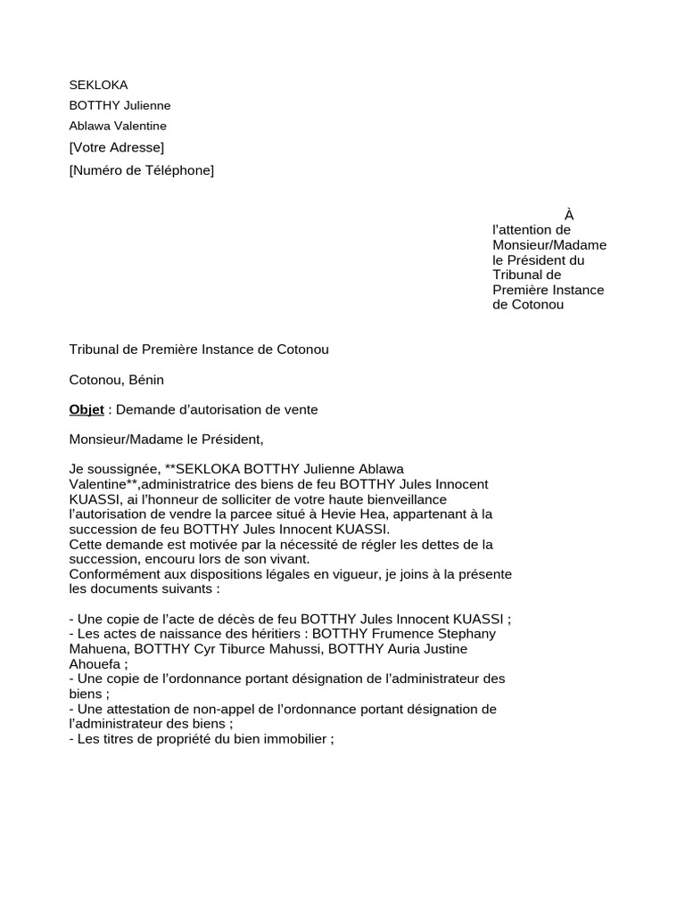 Demande d'autorisation de vente immobilière | PDF