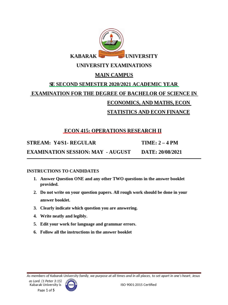 Econ 415 Operations Research 2 - Kabarak University-1 | PDF | Applied ...