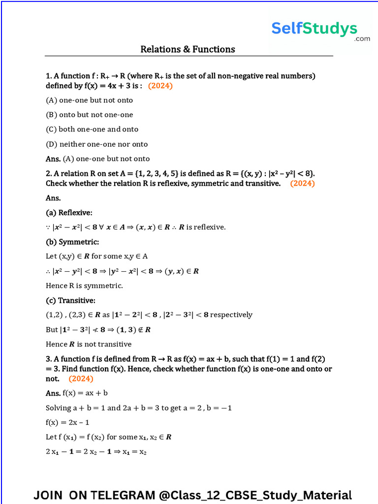 Relations & Functions 12 Class Pyq | PDF