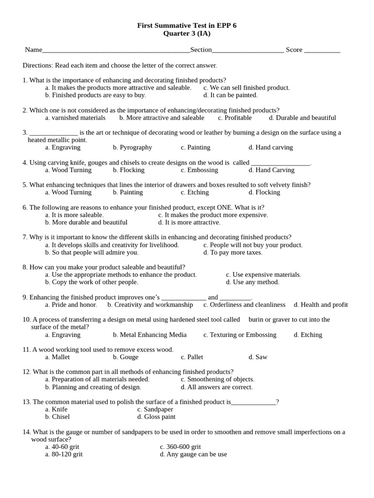 First Summative Test in EPP 6 | PDF | Engraving | Industrial Processes
