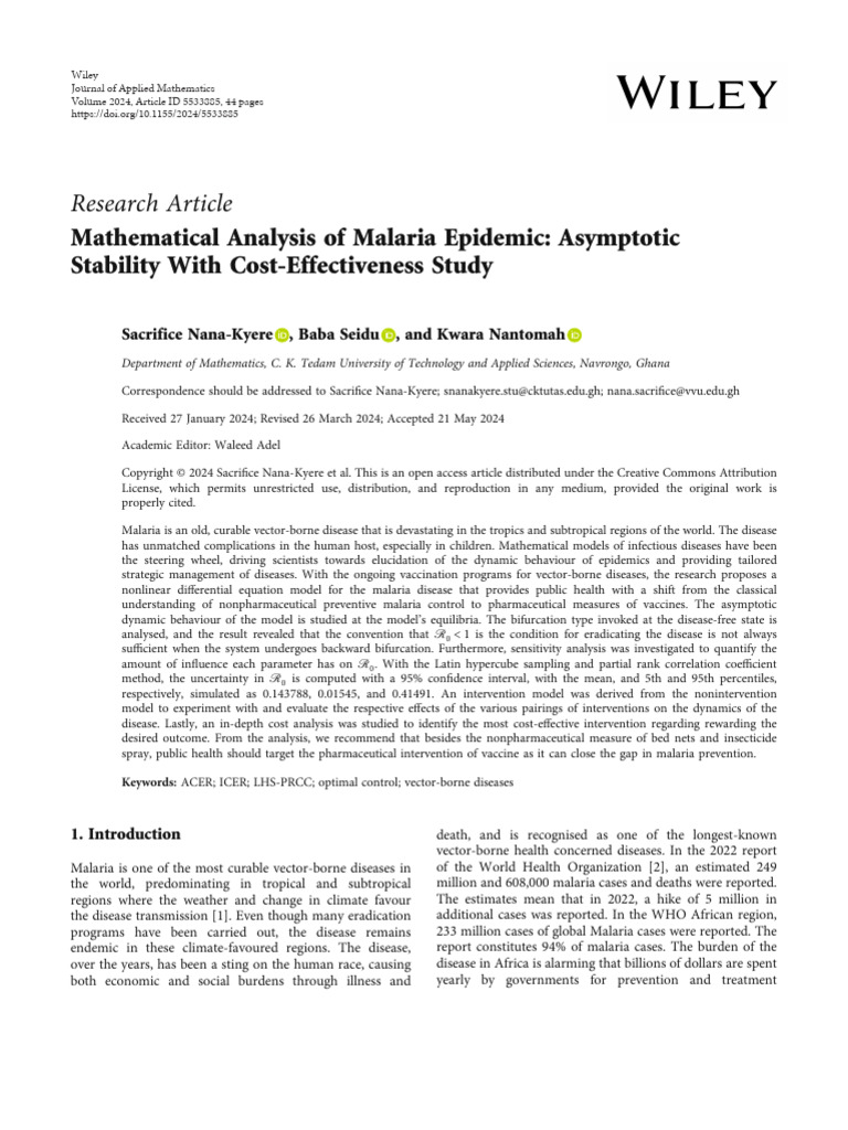 Journal of Applied Mathematics - 2024 - Nana-Kyere - Mathematical Analysis of Malaria Epidemic ...
