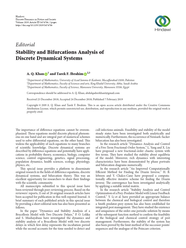 Discrete Dynamics in Nature and Society - 2019 - Khan - Stability and Bifurcations Analysis of ...