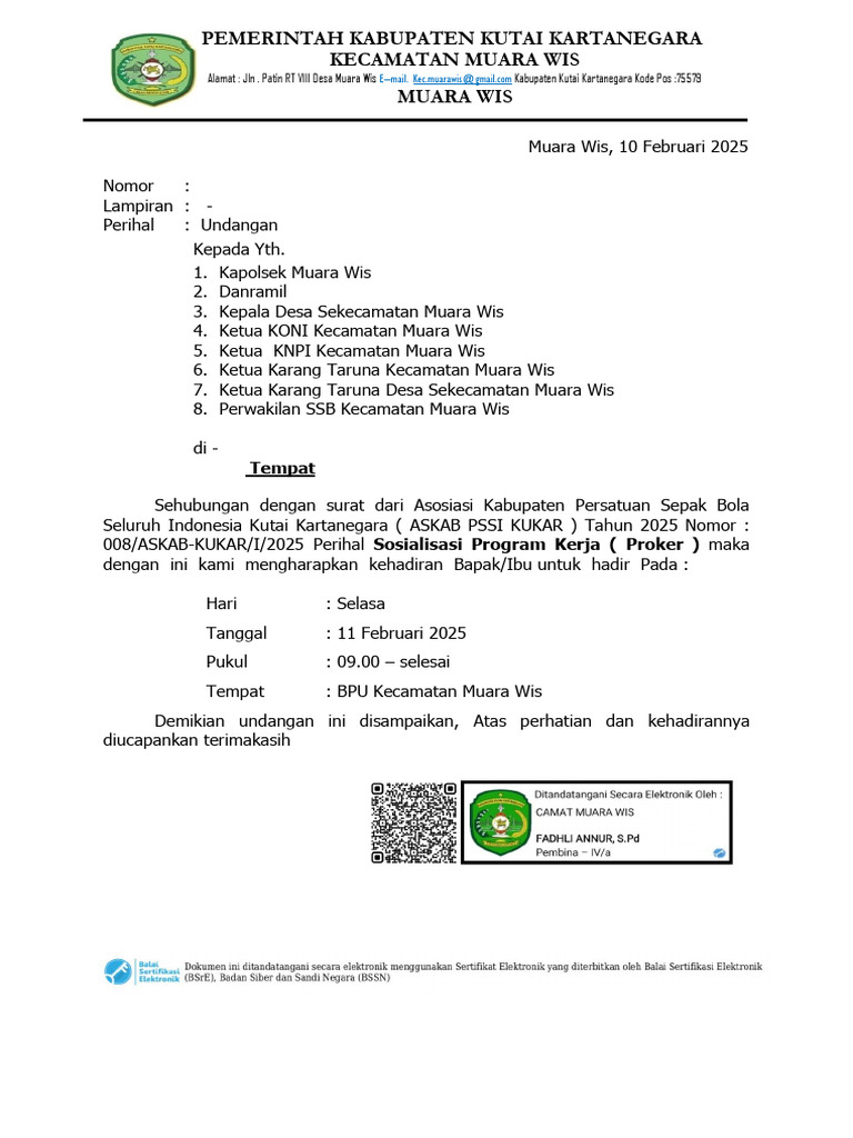 Surat Undangan ASKAB PSSI KUKAR 2025 - Signed | PDF
