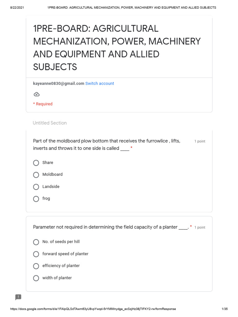Agricultural Mechanization Pre-Board Exam | PDF | Cost Of Living | Plough