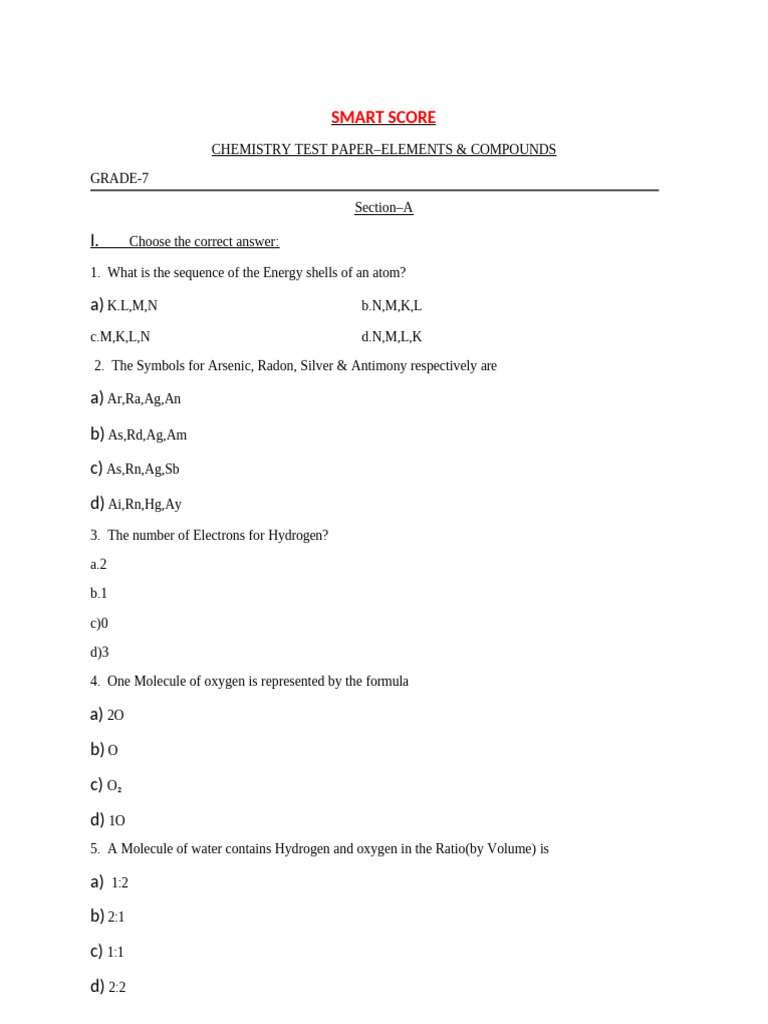 Chemistry 7th-Test Paper - Elements & Compounds | PDF