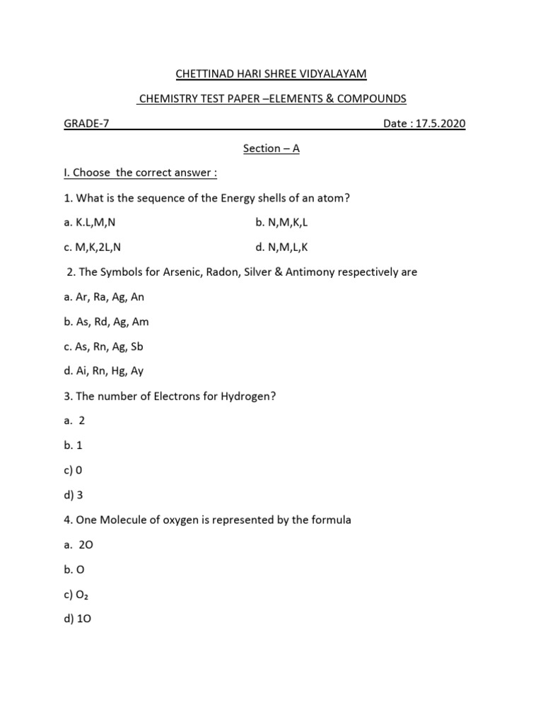 Chemistry 7th-Test Paper - Elements & Compounds | PDF | Metals ...
