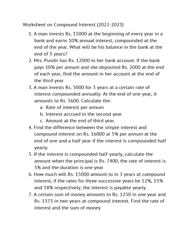 Worksheet - Compound Interest (2022-2023) | PDF | Compound Interest ...