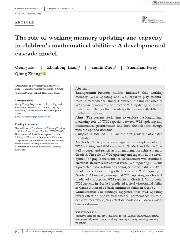 Brit J of Edu Psychol - 2023 - Hu - The Role of Working Memory Updating and Capacity in Children ...