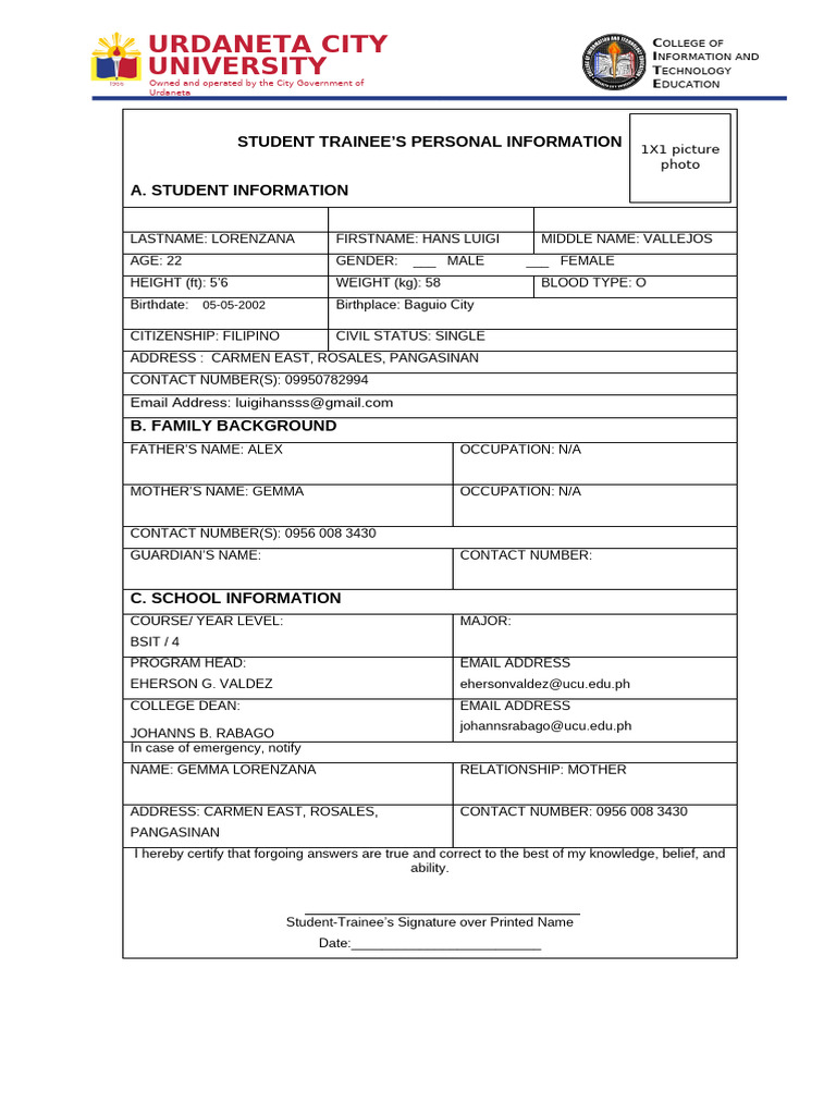 Student Trainee - S Personal Information | PDF
