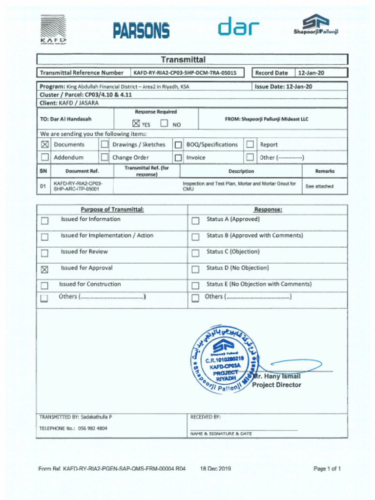 KAFD Mortar Inspection and Test Plan | PDF | Specification (Technical ...