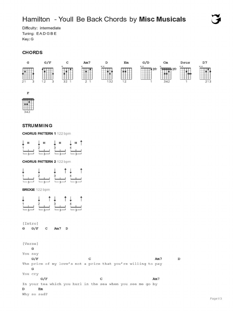 Hamilton - Youll Be Back Chords | PDF