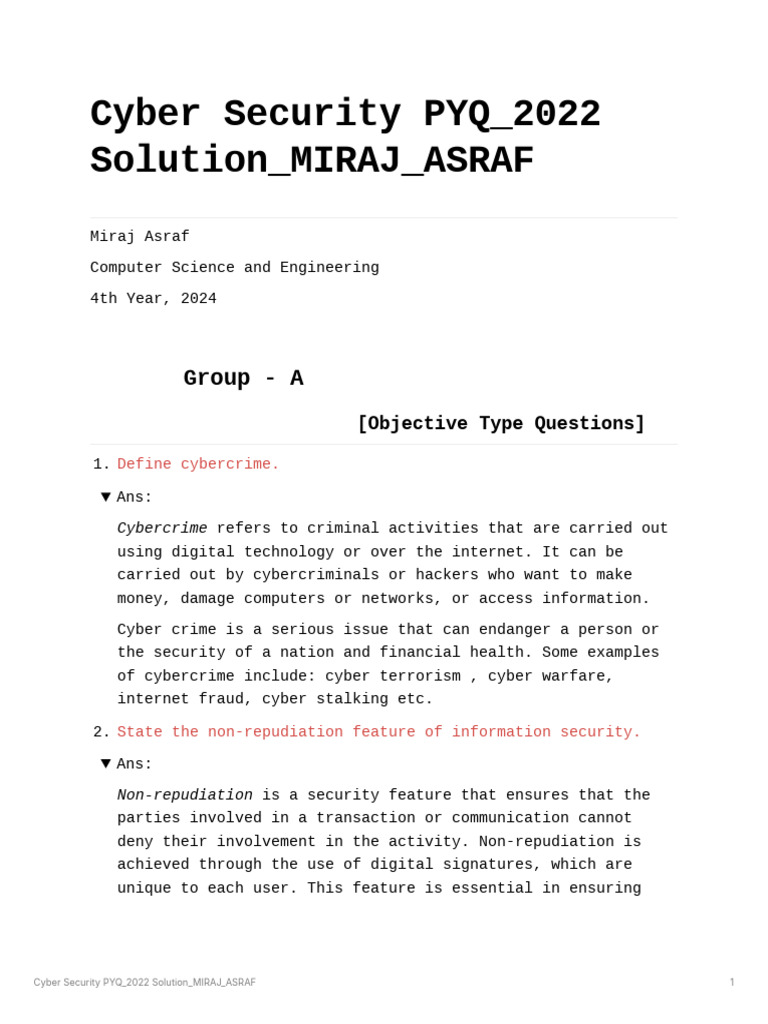 Cyber Security 2022 Exam Solutions | PDF | Public Key Cryptography | Malware