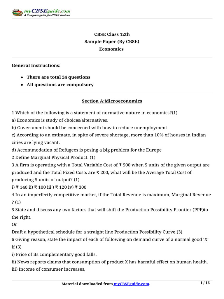 12 Sample Paper Eco | PDF | Supply (Economics) | Fiscal Multiplier