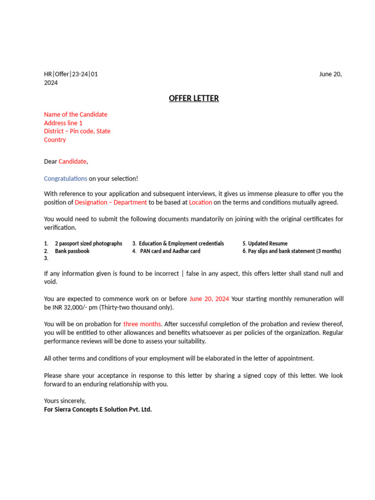 Job Offer Letter for Candidate 2024 | PDF