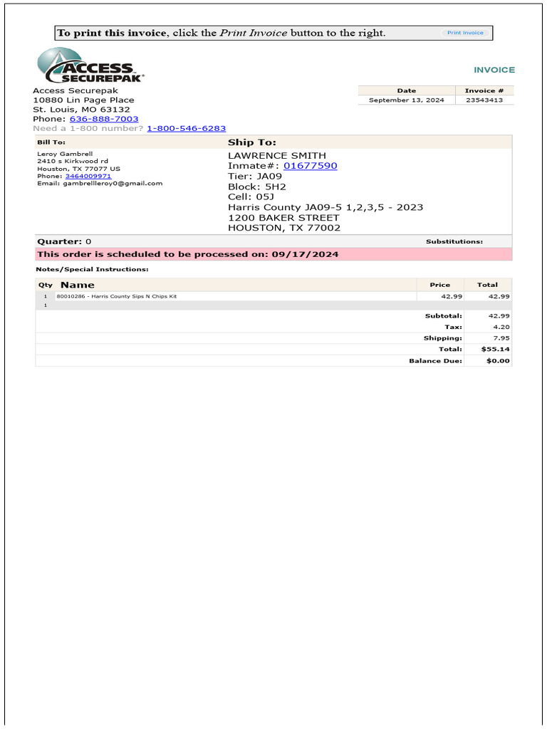 Invoice for Inmate Package | PDF