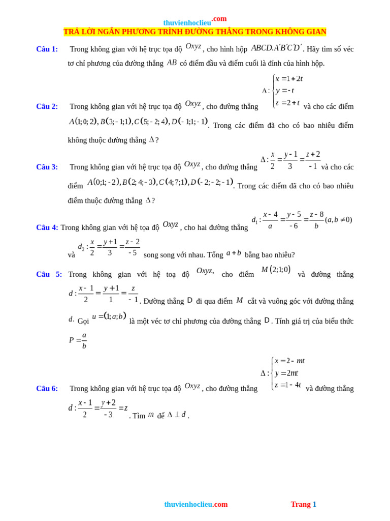 thuvienhoclieu.com-20-Cau-tra-loi-ngan-phuong-trinh-duong-thang-trong-khong-gian-giai-chi-tiet | PDF