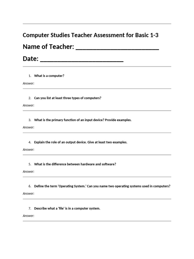Computer Studies Teacher Assessment For Basic 1 | PDF