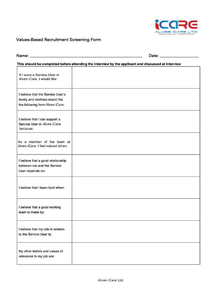 Values-Based Recruitment Screening Form | PDF