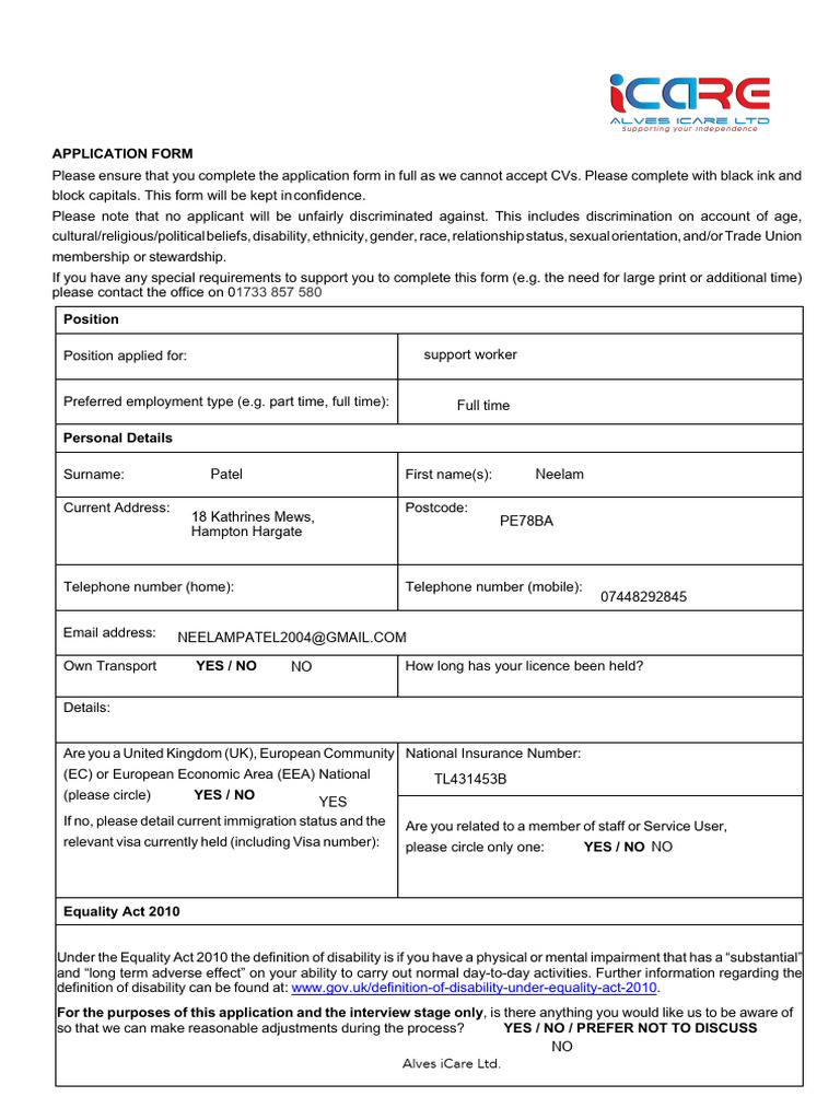 Application Form (1) | PDF | Discrimination | Disability