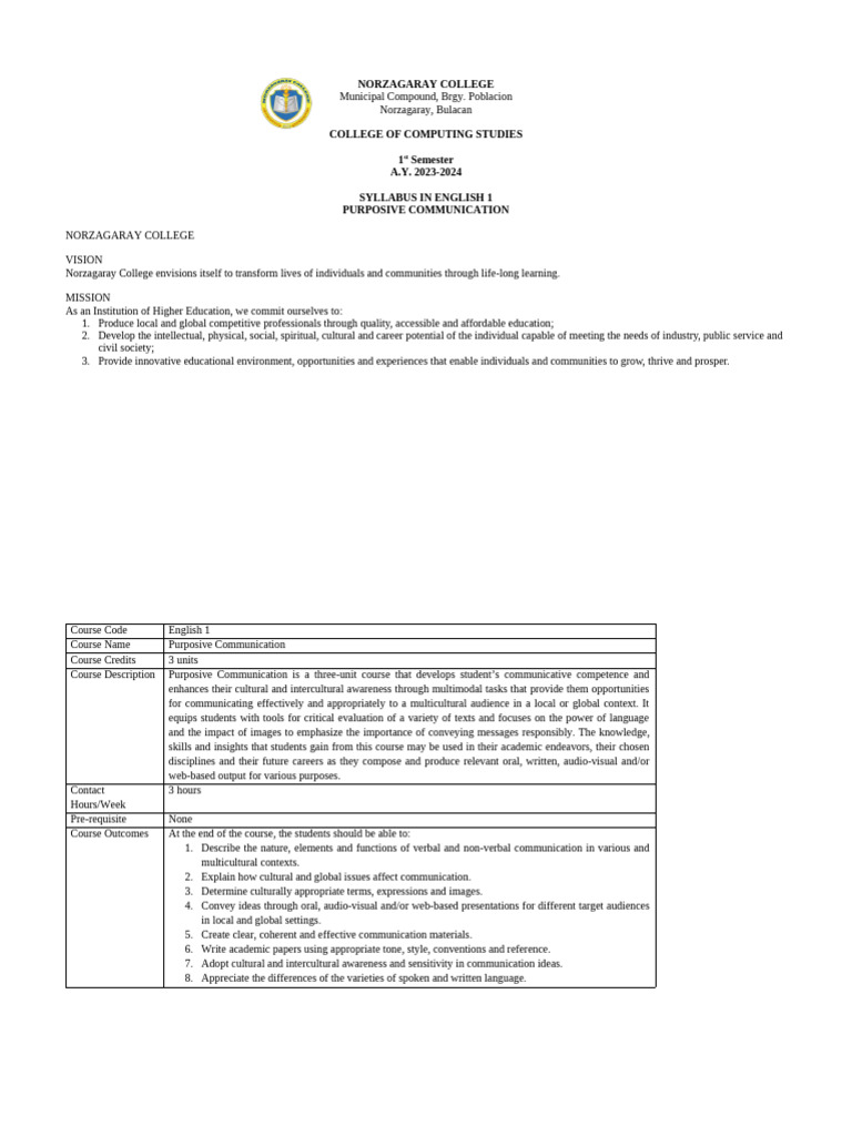 2023 Eng1 Syllabus | PDF | Communication | Nonverbal Communication