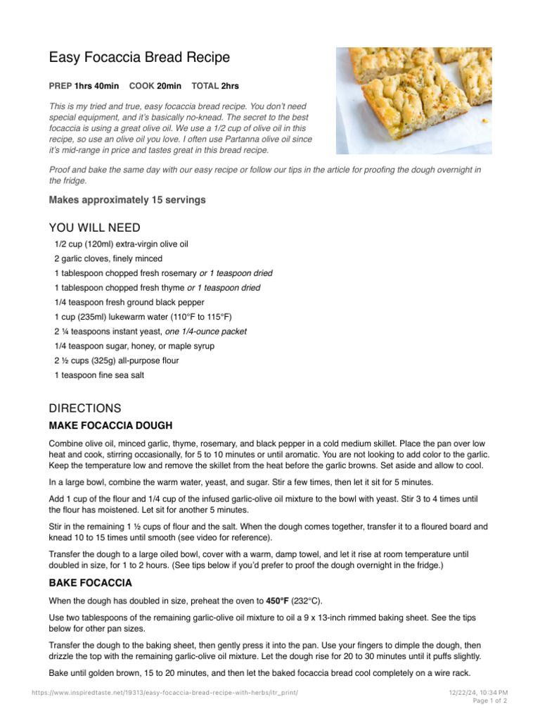 Easy No-Knead Focaccia Recipe | PDF | Breads | Teaspoon