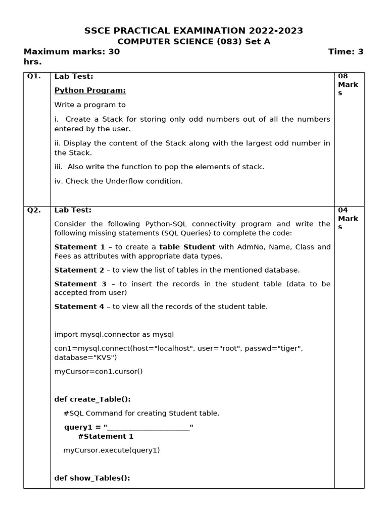 CS Practical QP 2022-2023 Set A | PDF | Databases | Table (Database)