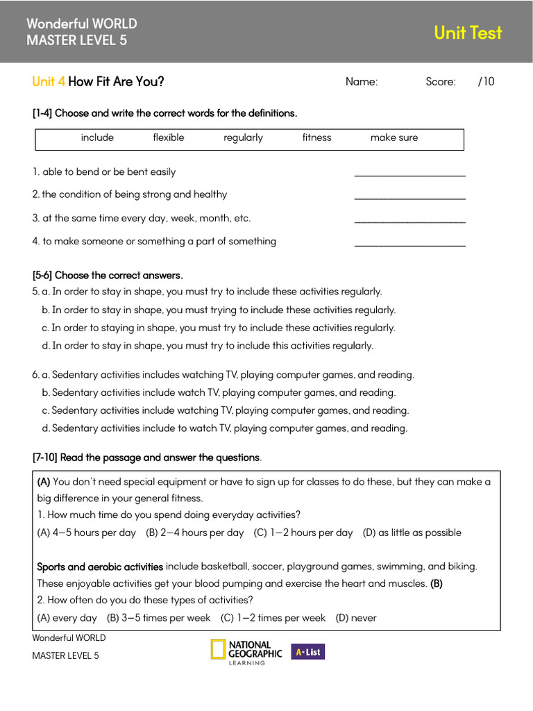 WW - Master - L5 - U4 - Unit Test | PDF | Physical Fitness | Sedentary ...
