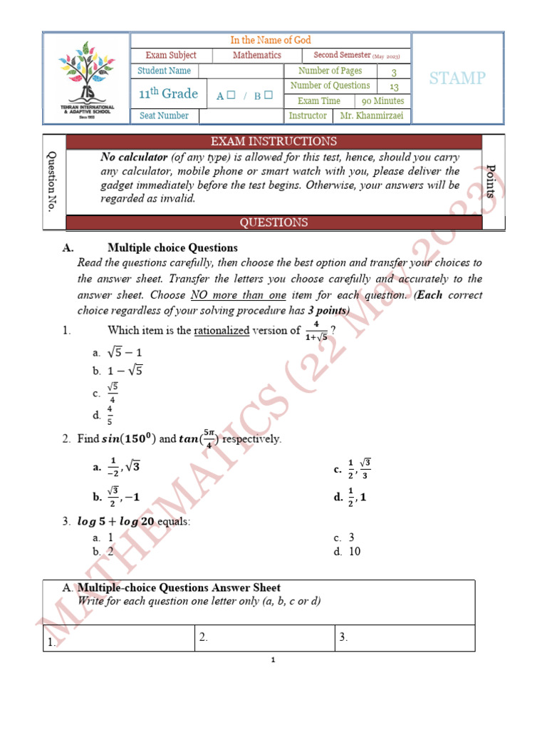 11th Grade Math Exam May 2023 | PDF | Trigonometric Functions ...