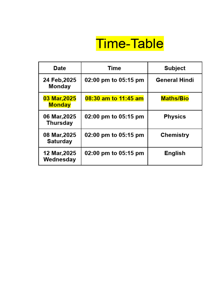 Time Table Board Exam | PDF
