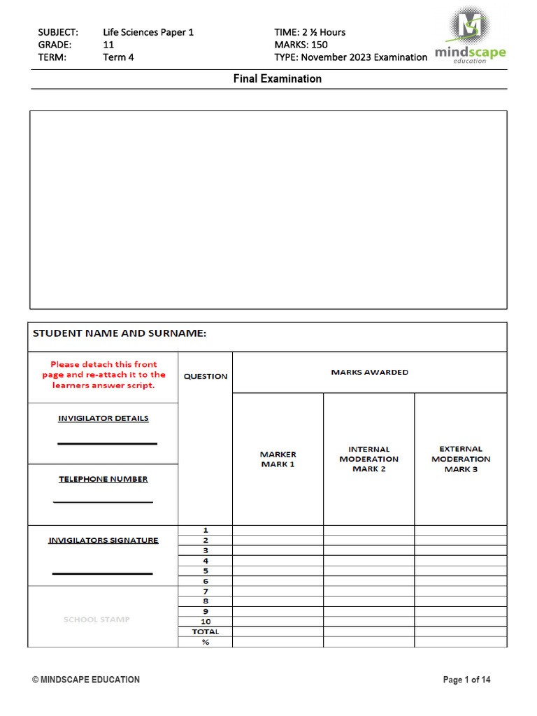 Grade 11 Life Science Paper 1 Final Examination_QP | PDF