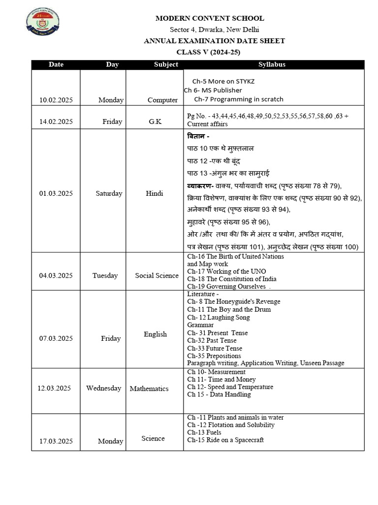 Date Sheet Annual Exams Class - V | PDF