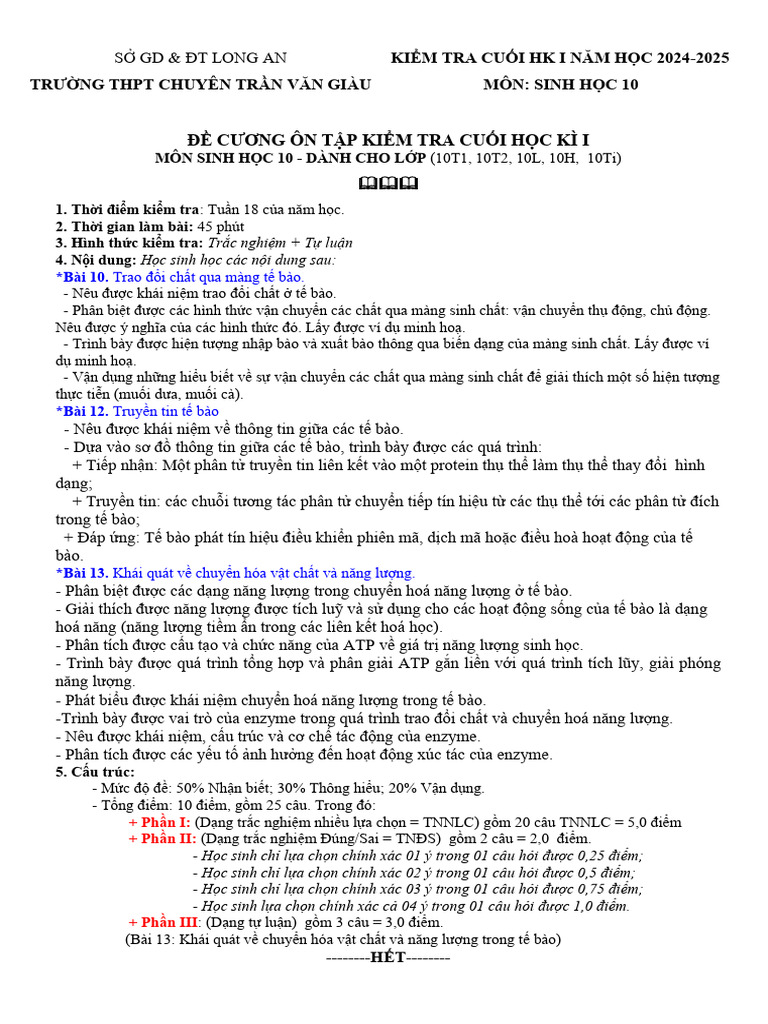 KHOI 10-DE CUONG KIEM TRA CUOI HK 1 | PDF