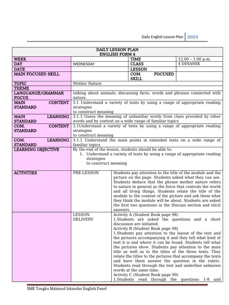 WEDNESDAY | PDF | Lesson Plan | English Language