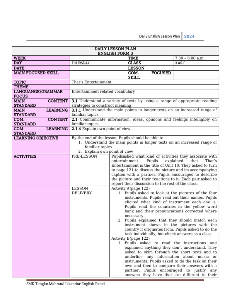 THURSDAY | PDF | Lesson Plan | English Language