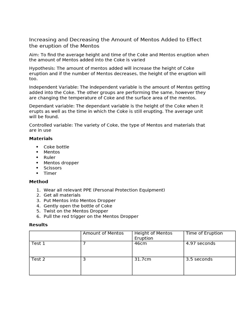 Mentos and Coke - Self Design Experiment | PDF | Materials