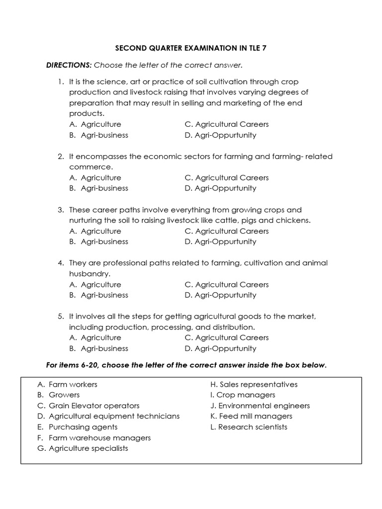 Second Quarter Examination in Tle 7 | PDF | Agriculture | Plough