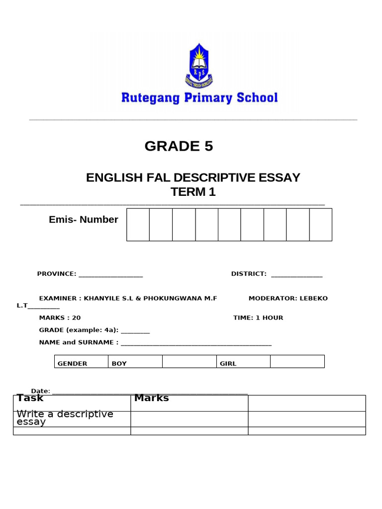 Grade 5 FAL Descriptive Essay Task | PDF