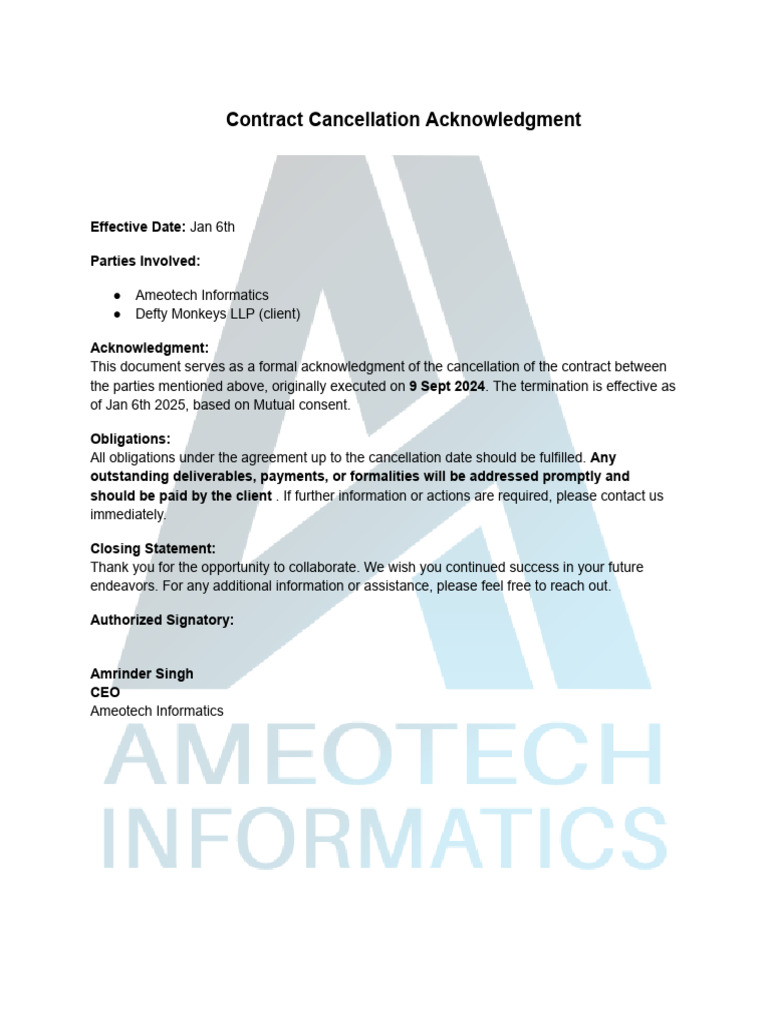 Contract Cancellation Acknowledgment | PDF