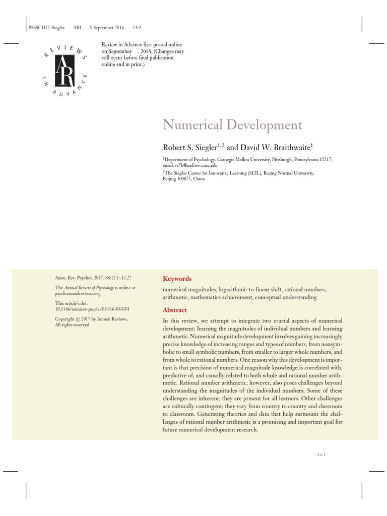 Lectura 1. Siegler Braithwaite (2016) | PDF | Numbers | Arithmetic