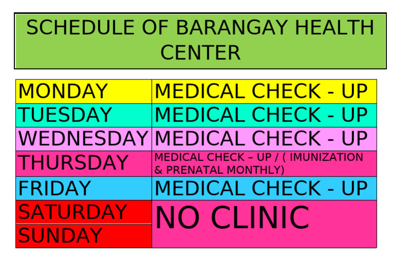 Barangay Health Center Weekly Schedule | PDF