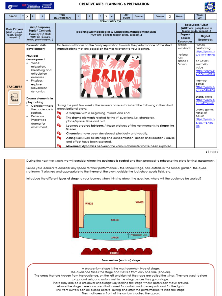 Lesson Plan GR 7 Creative Arts Drama T1 Week 7,8 | PDF