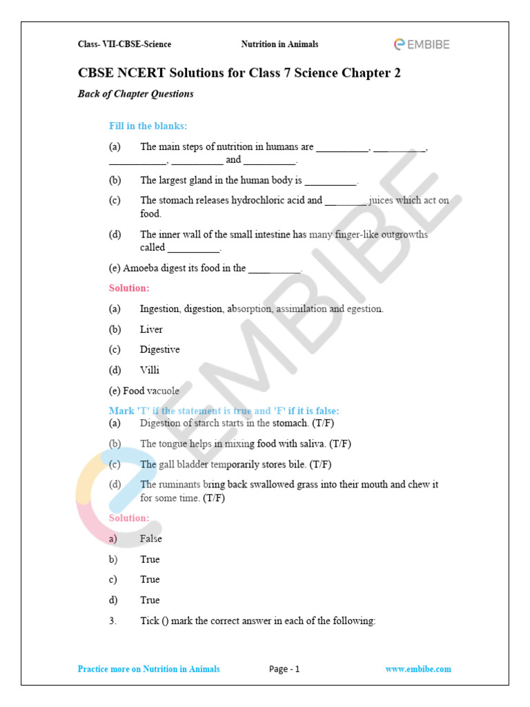 NCERT G7 BOC Biology Nutrition-In-Animals2 | PDF | Digestion | Small ...