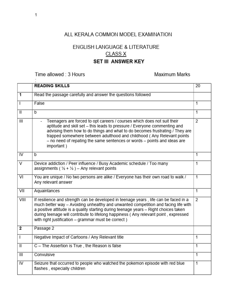 Kerala Class X English Exam Answer Key | PDF