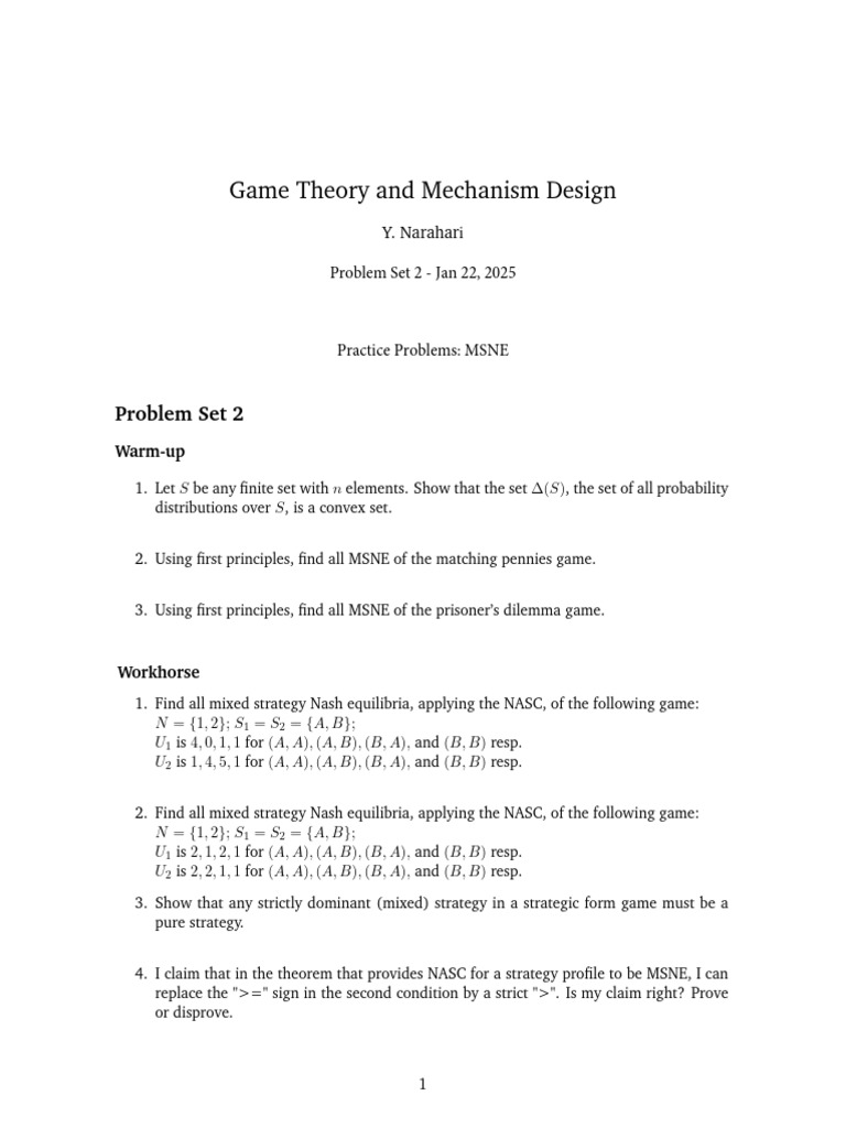 Game Theory Problem Set: MSNE Analysis | PDF